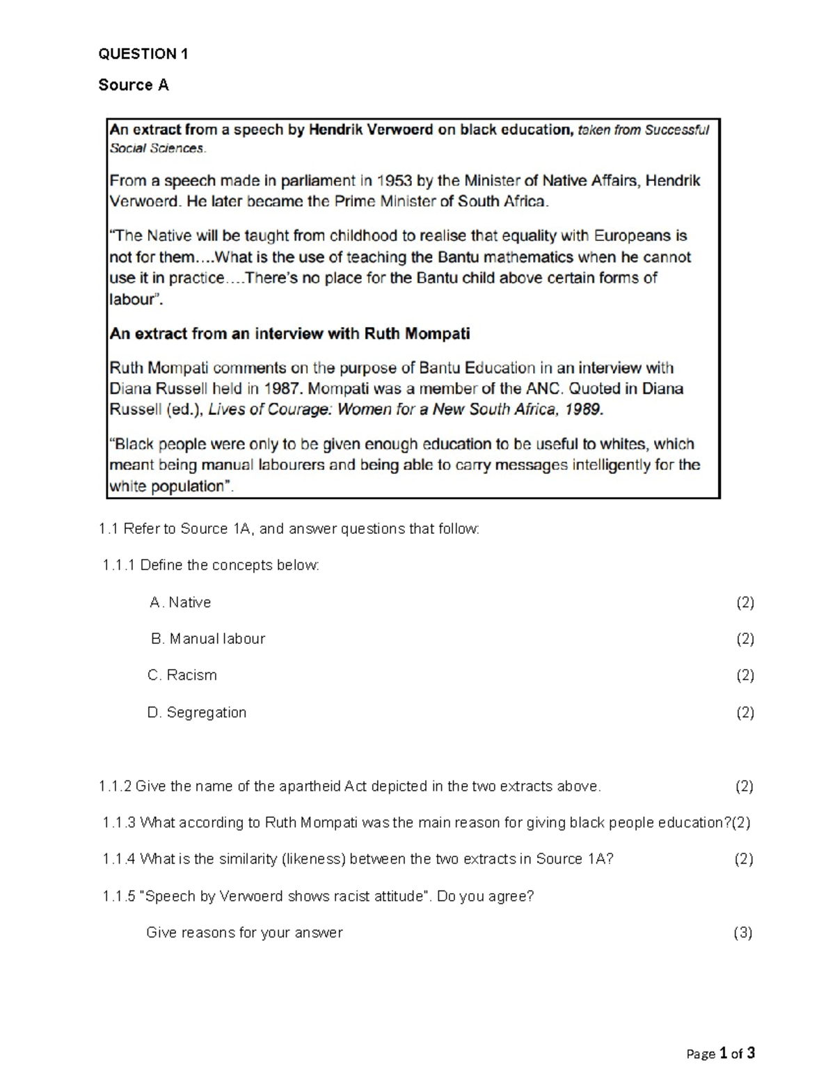 Test 1 - Term 3 (Apartheid) - QUESTION 1 Source A 1 Refer to Source 1A ...