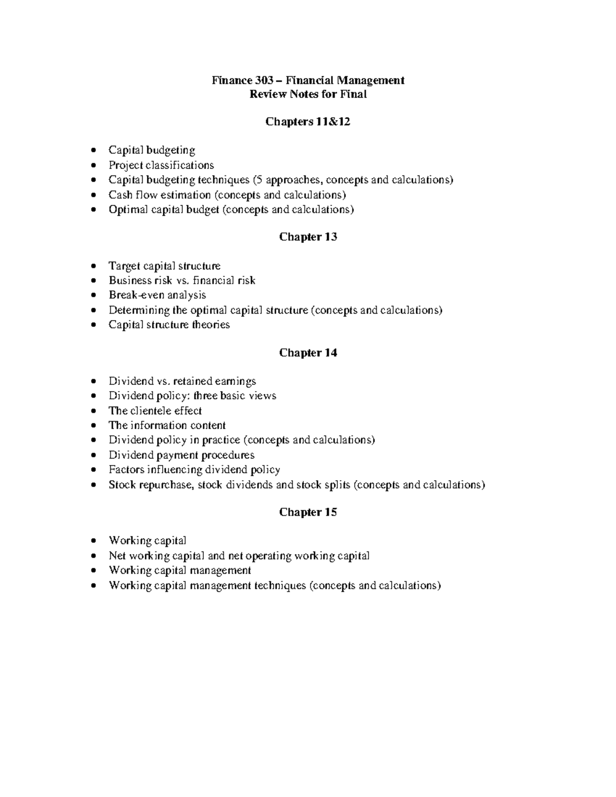 Review-Notes-Final - Final Review Notes - Finance 303 – Financial ...