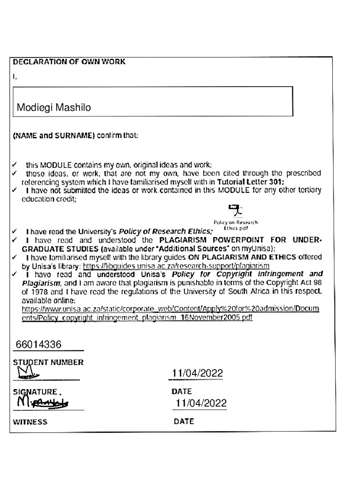 Dpr1505 ass02 - DECLARATION OF OWN WORK I, Modiegi Mashilo (NAME and SURNAME) contirm that: S44 ...