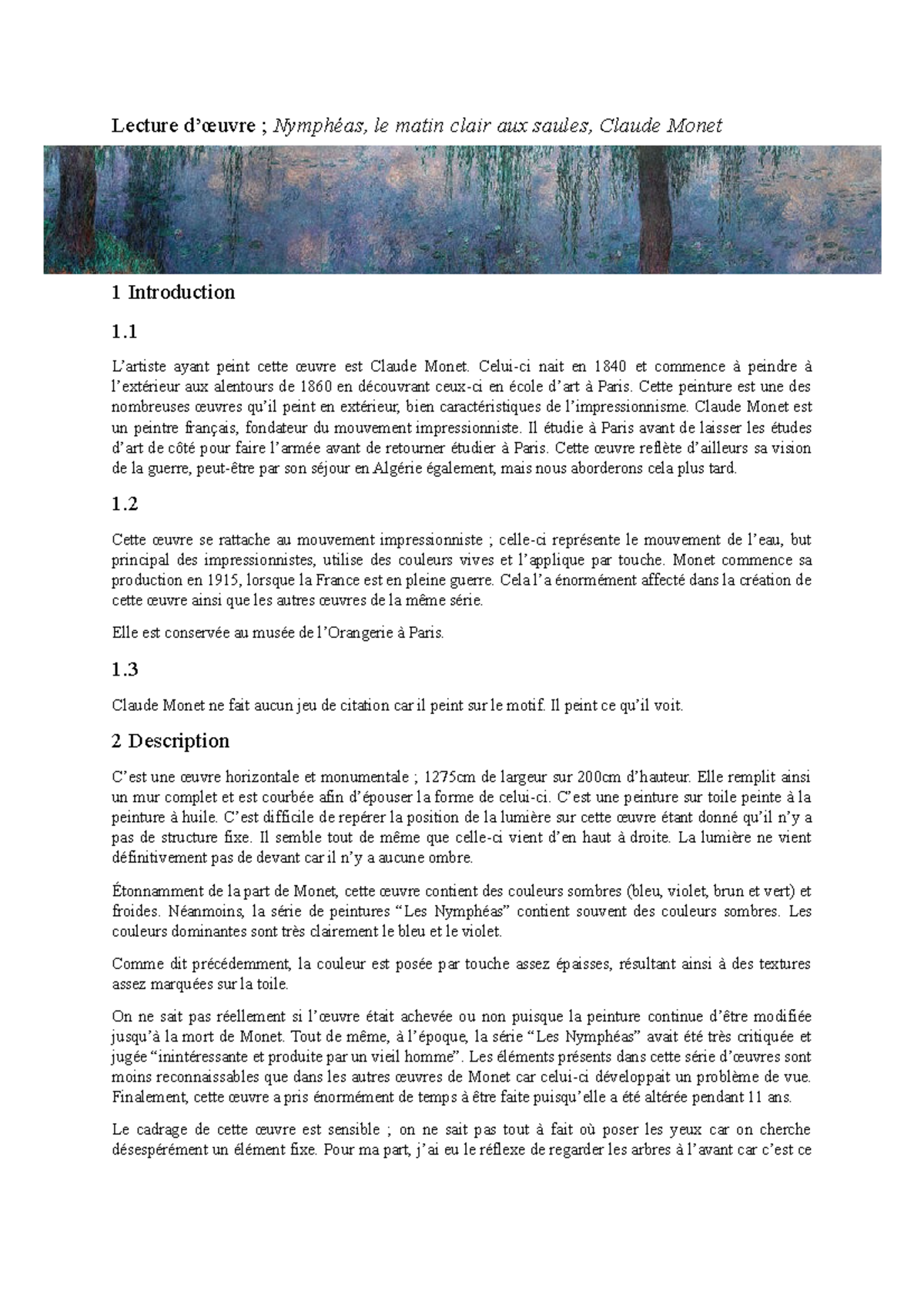 Lecture d'oeuvre de Claude Monet - Lecture d’œuvre ; Nymphéas, le matin ...