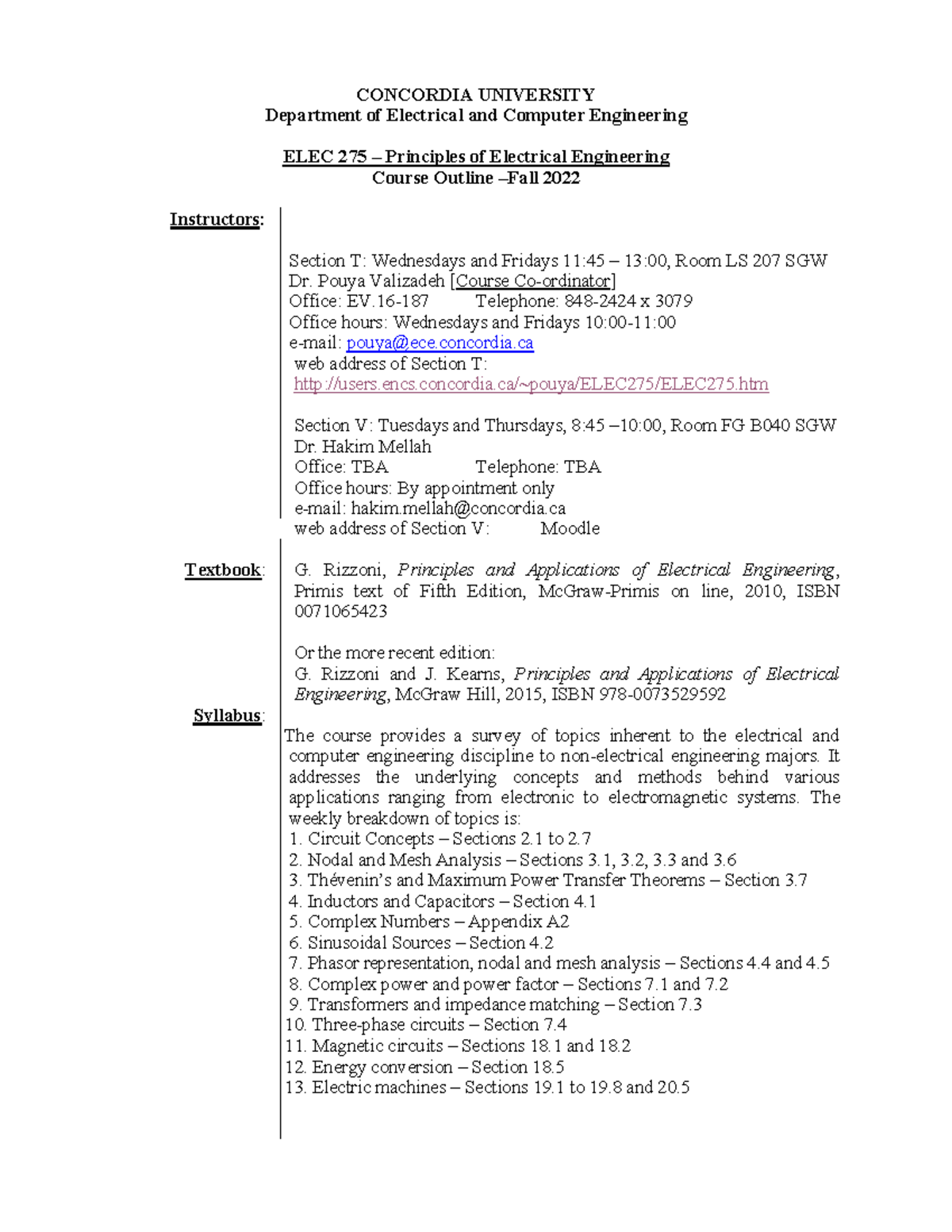 ELEC275-Outline-F2022 - CONCORDIA UNIVERSITY Department of Electrical and Computer Engineering ...
