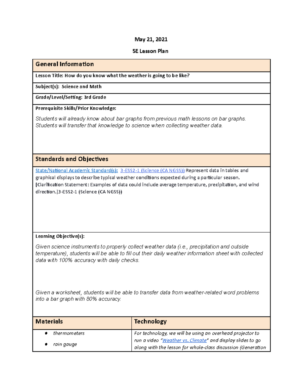 5E Lesson Plan - Elementary Science Methods - May 21, 2021 5E Lesson ...