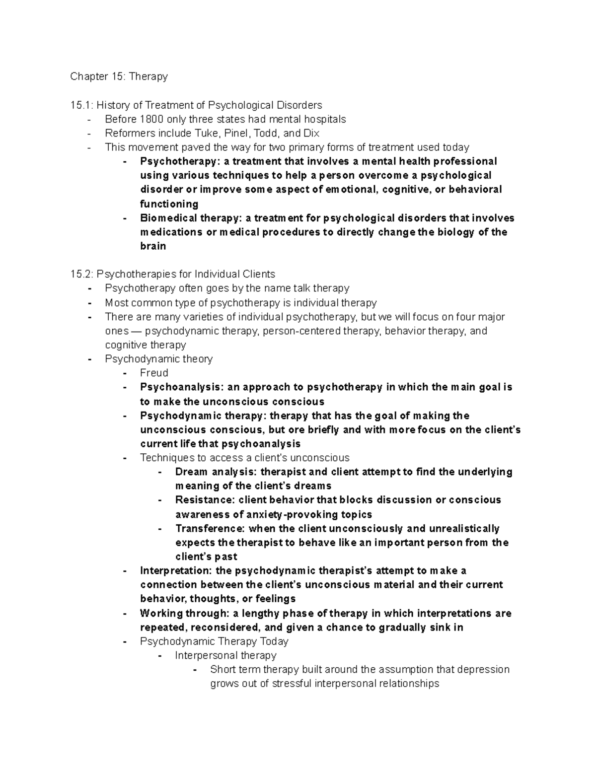 Chapter 15 Notes - Chapter 15: Therapy 15: History of Treatment of ...