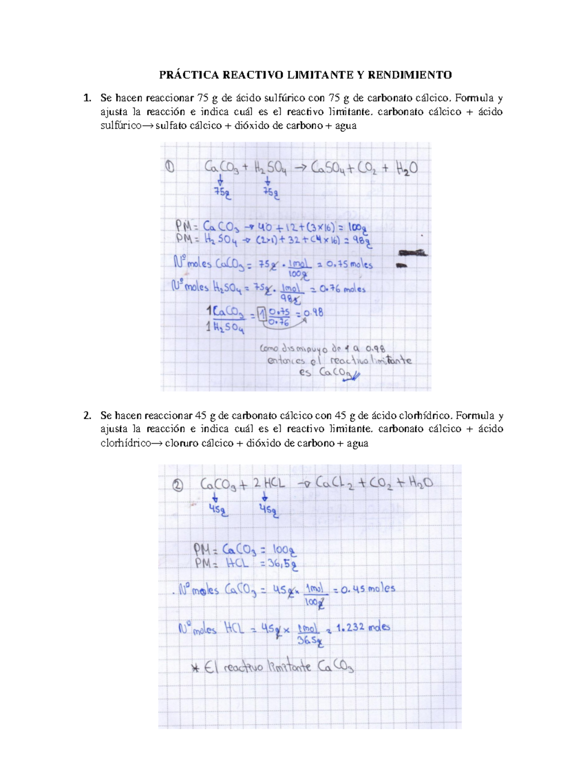 21 Práctica Reactivo Limitante Y Rendimiento - PRÁCTICA REACTIVO LIMITANTE Y RENDIMIENTO Se ...