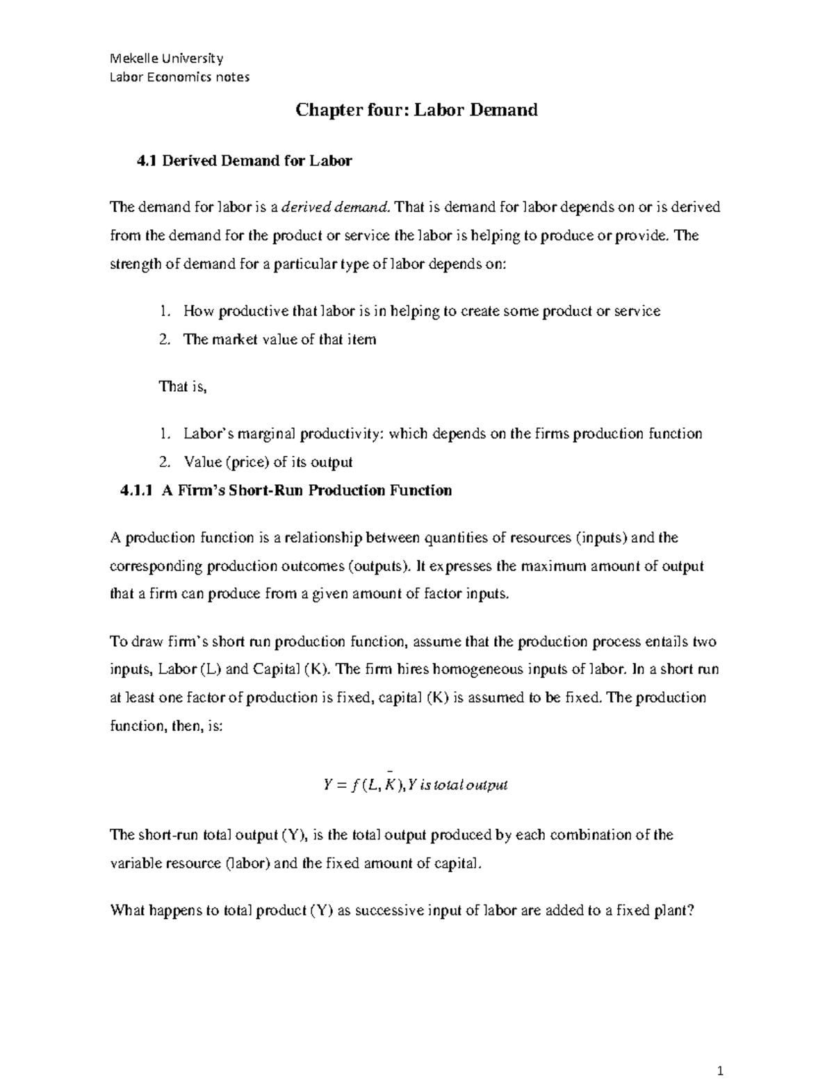 Chapter 4 (labor demand) - Labor Economics notes Chapter four: Labor ...