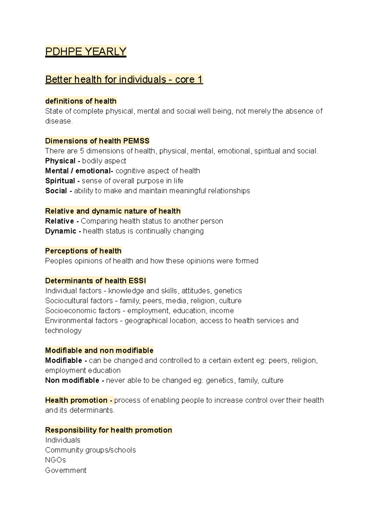 Pdhpe Prelims - PDHPE YEARLY Better health for individuals - core 1 ...