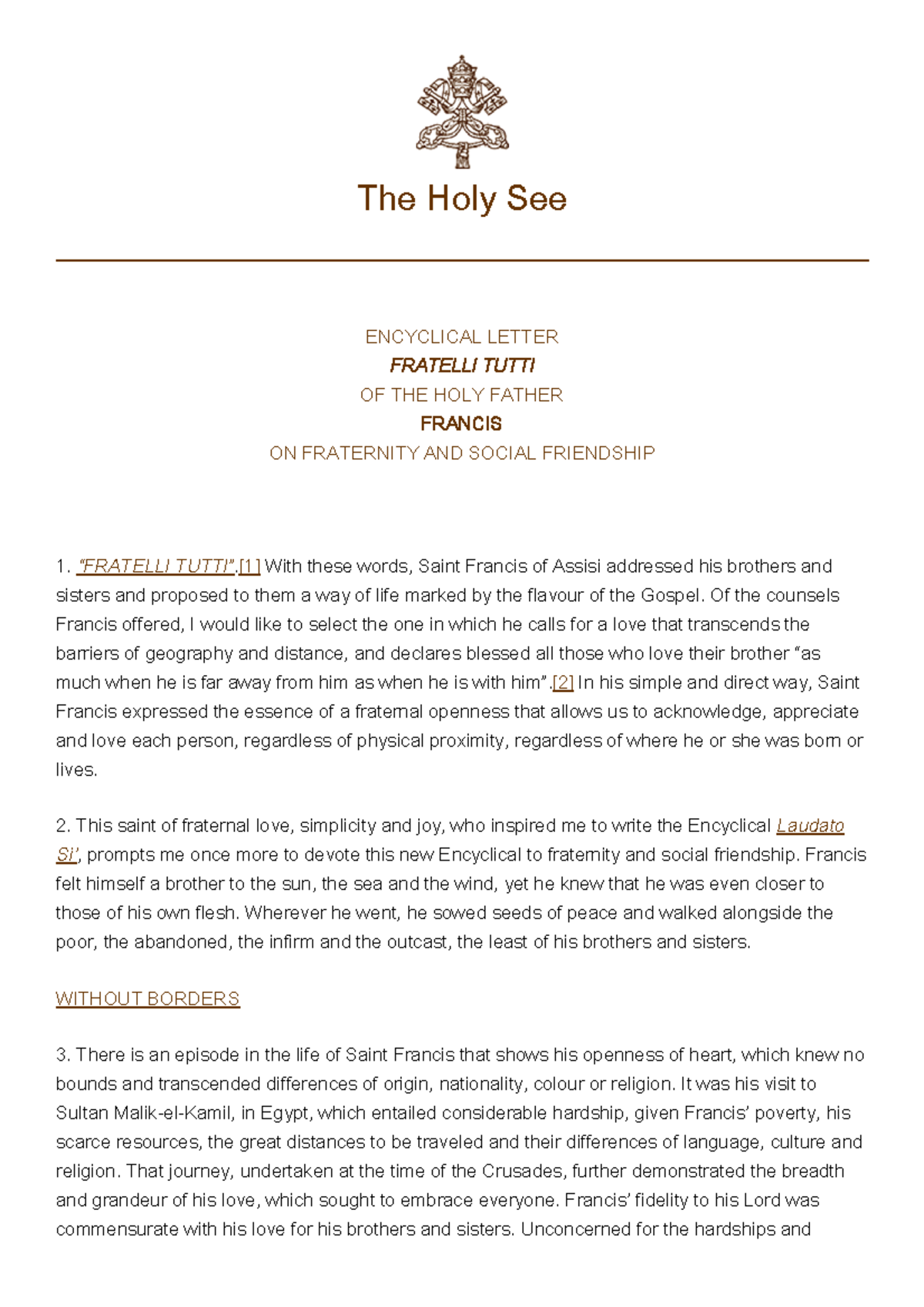 2010 - notes - The Holy See ENCYCLICAL LETTER FRATELLI TUTTI OF THE ...