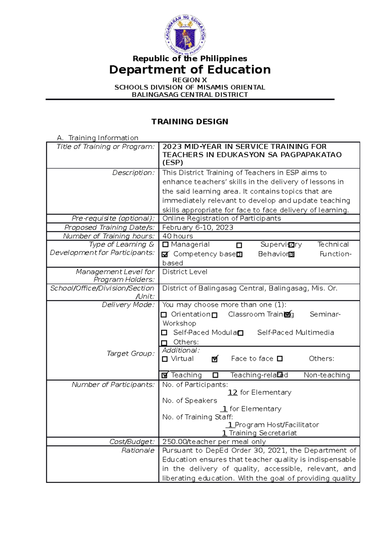Training design and matrix esp - Republic of the Philippines Department ...
