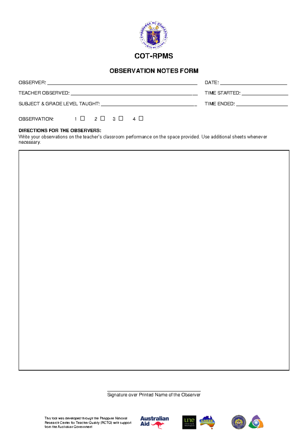[Appendix C-08] COT-RPMS Observation Notes Form - This tool was ...