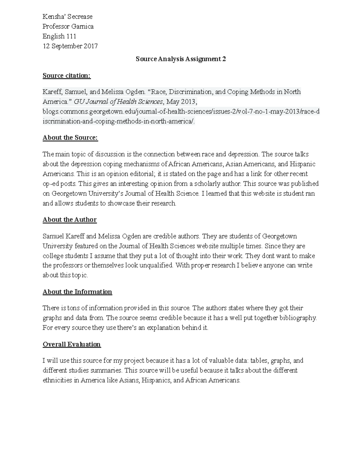 Source Analysis Assignment 2 - Kensha’ Secrease Professor Garnica ...