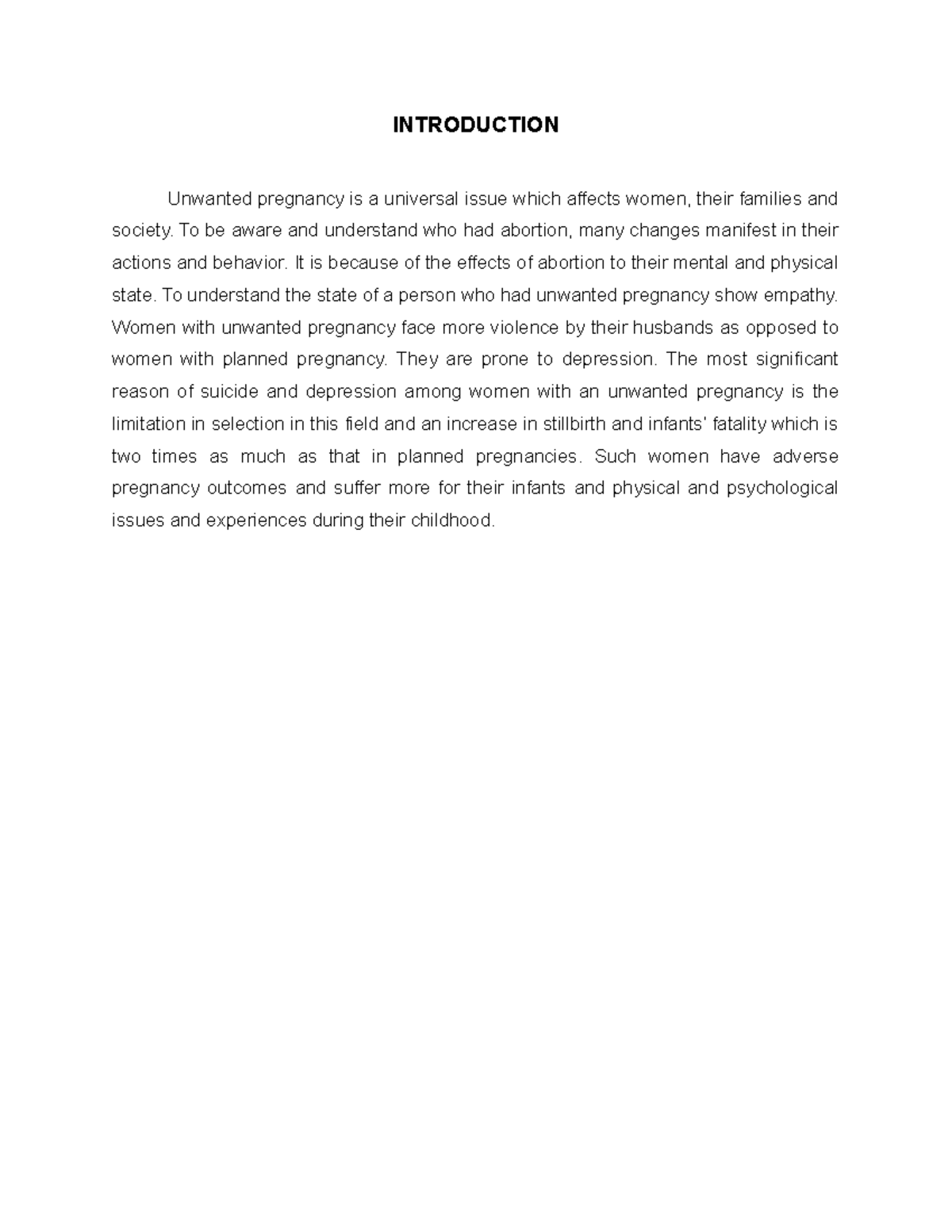 Draft intro research paper - INTRODUCTION Unwanted pregnancy is a ...