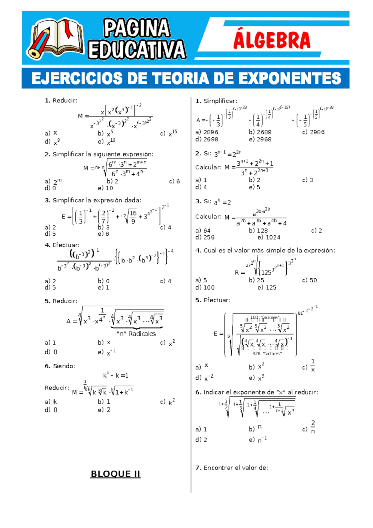 Ejercicios de Teoria de Exponentes Pagina Educativa - Reducir: a) b) c ...