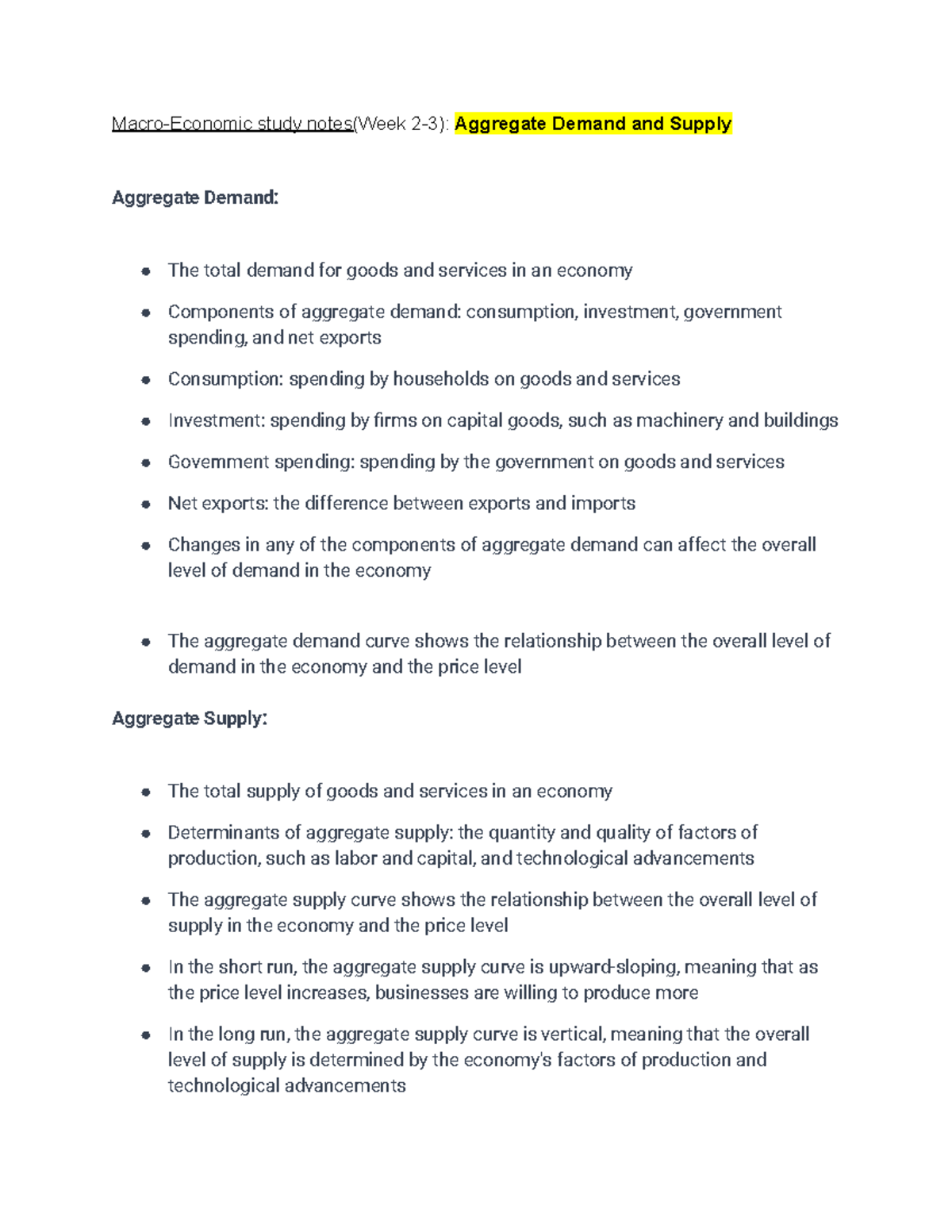 Macro-Economic study notes(Week 2-3) Aggregate Demand and Supply ...