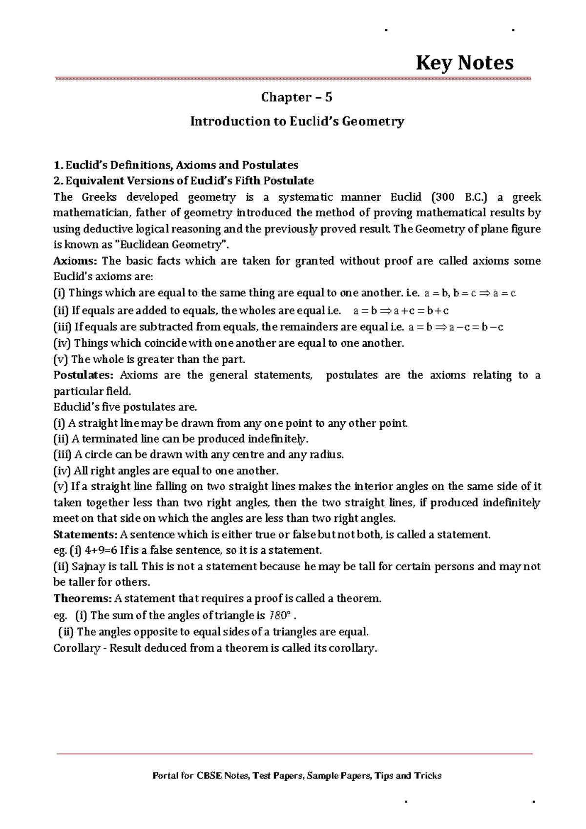 09 maths key notes ch 05 introduction to eulids geometry - Material ...