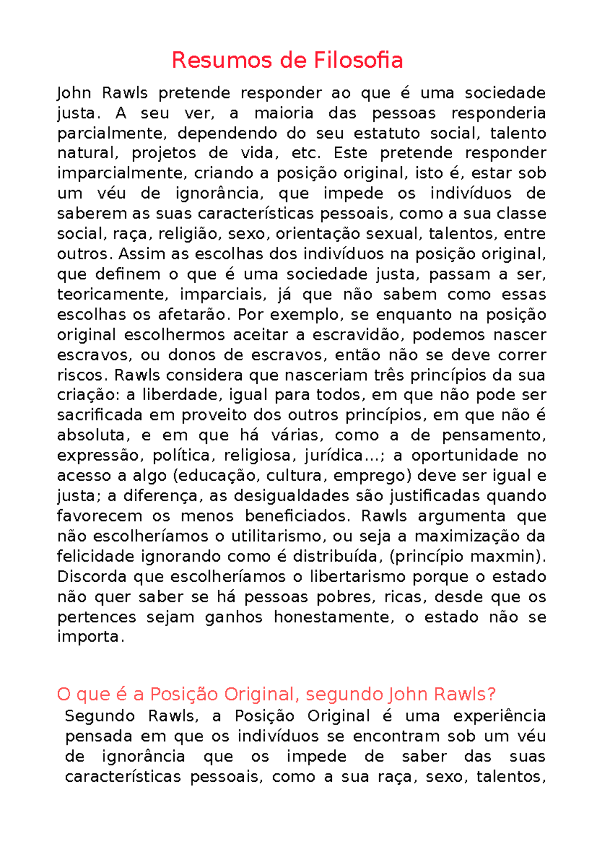 Resumos de Filosofia - Resumos de Filosofia John Rawls pretende ...