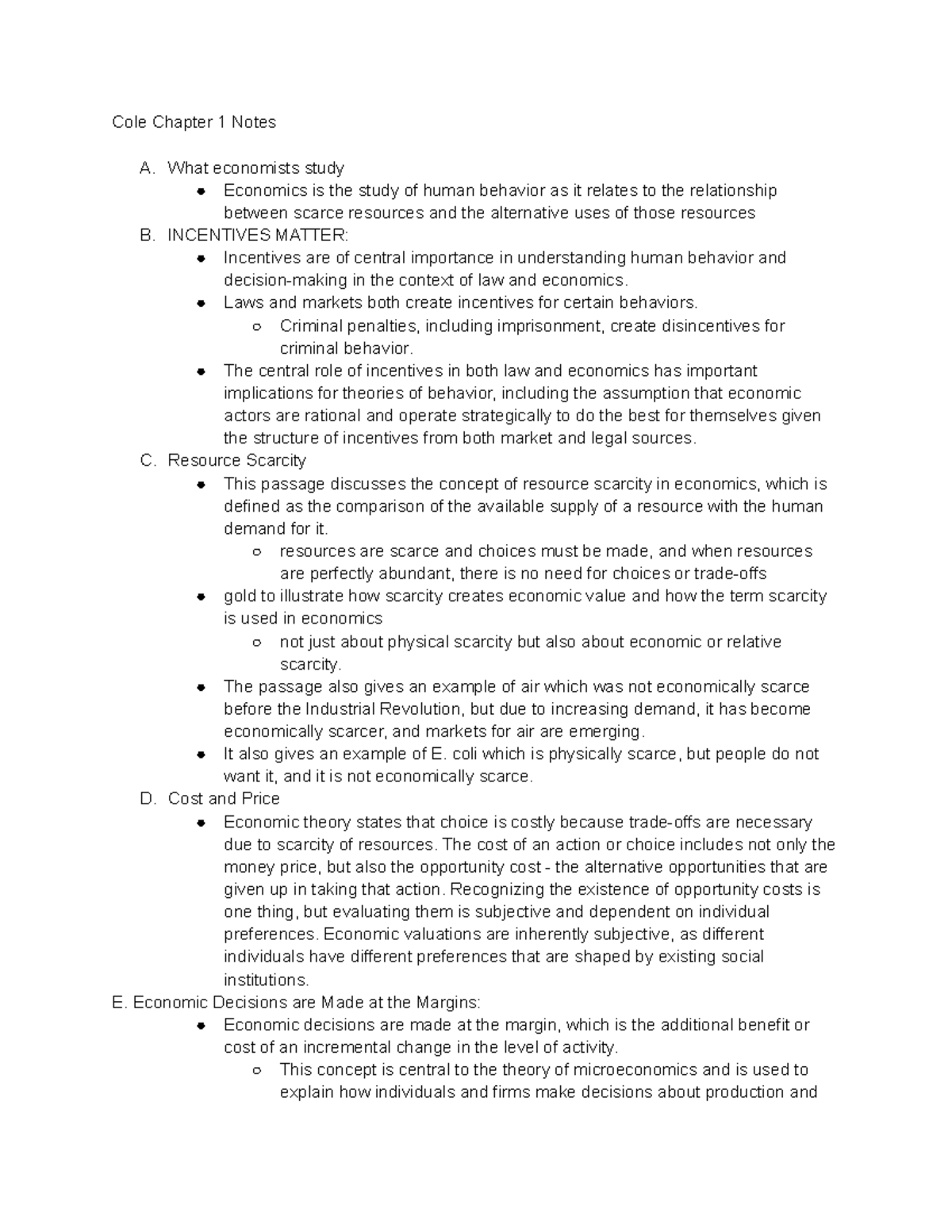 Cole Chapter 1 Notes - Cole Chapter 1 Notes A. What economists study ...