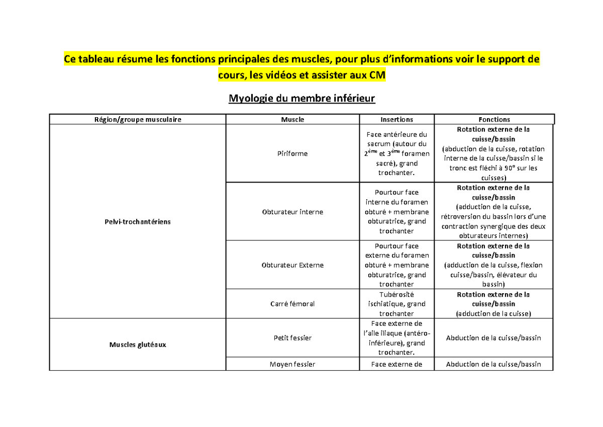 Tous les muscles et leurs fonctions anatomie - Ce tableau résume les ...