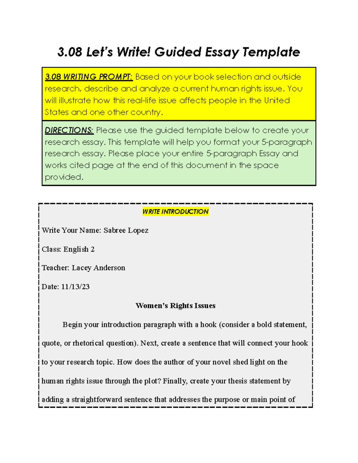 Guided Essay Help 3.08 Let's Write Template - 3 Let’s Write! Guided ...