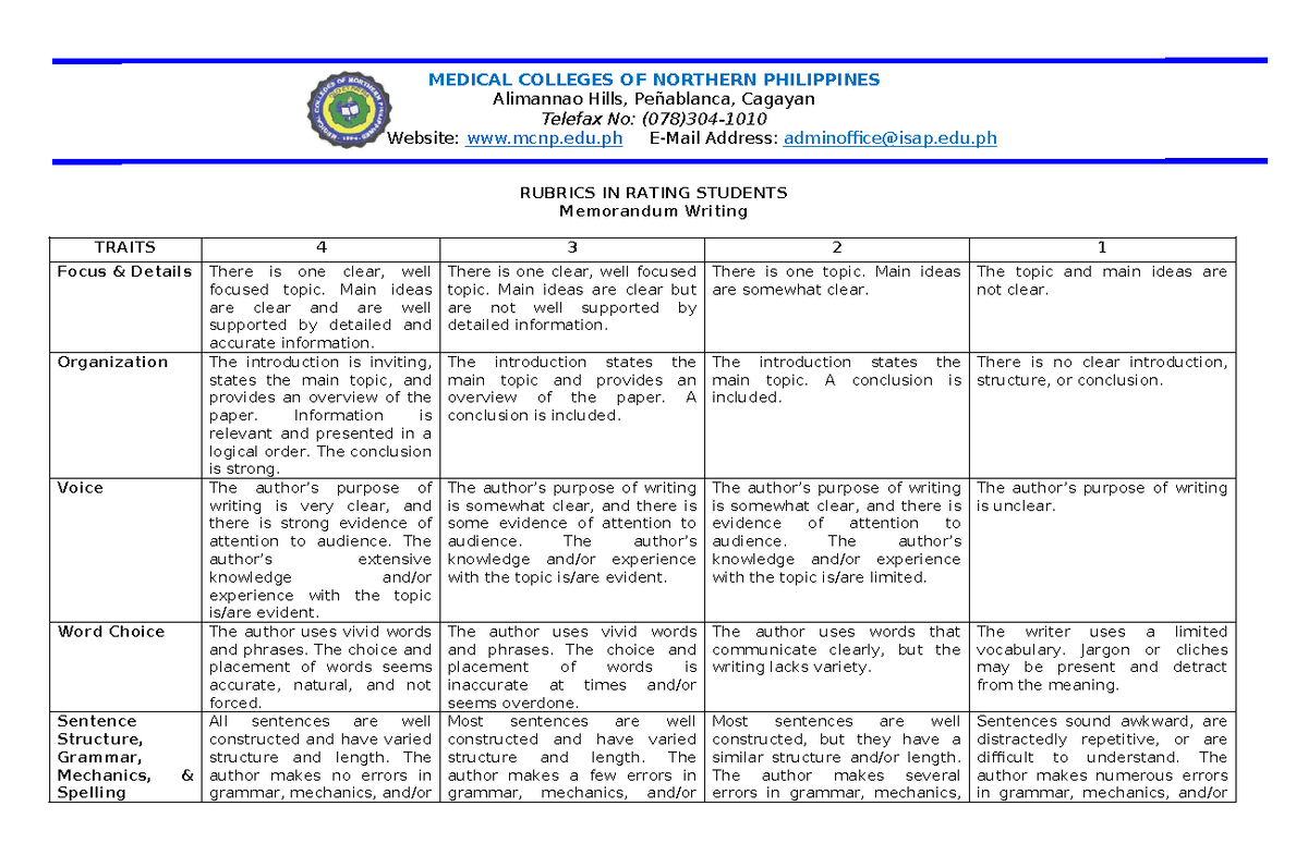 Rubrics-memo - MEDICAL COLLEGES OF NORTHERN PHILIPPINES Alimannao Hills ...