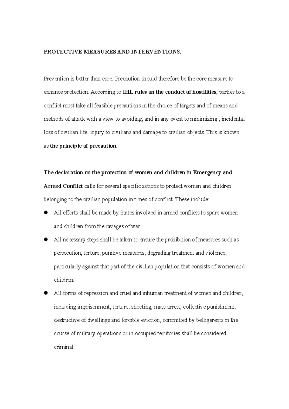 Humanitarian - PROTECTIVE MEASURES AND INTERVENTIONS. Prevention is ...