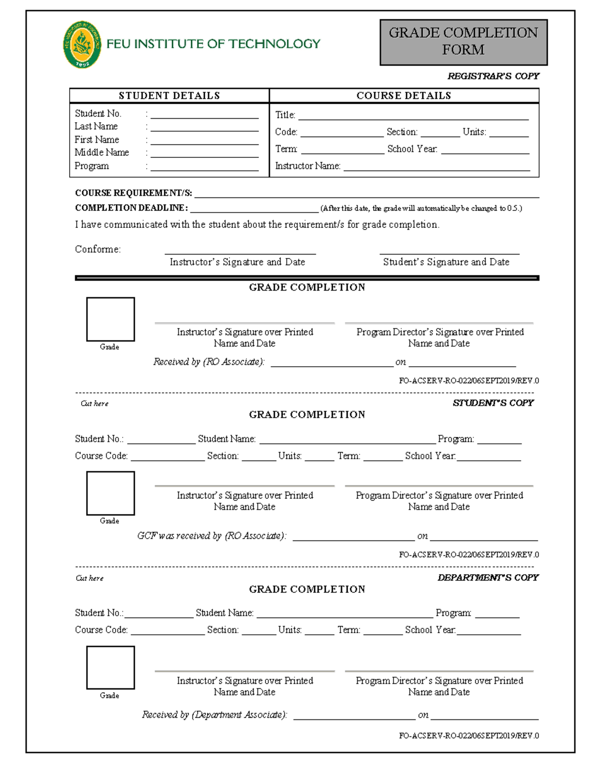 FO Acserv RO 022 Grade Completion Form 2 - REGISTRAR’S COPY STUDENT ...