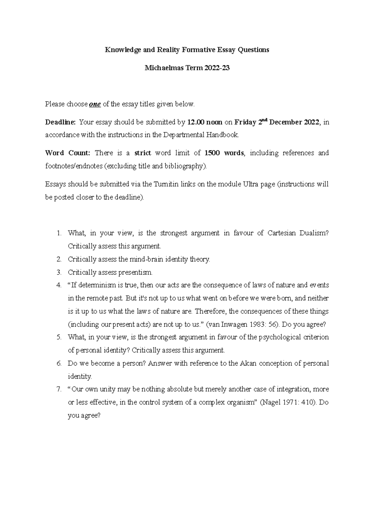 Knowledge and Reality Formative Essay Questions - Knowledge and Reality ...