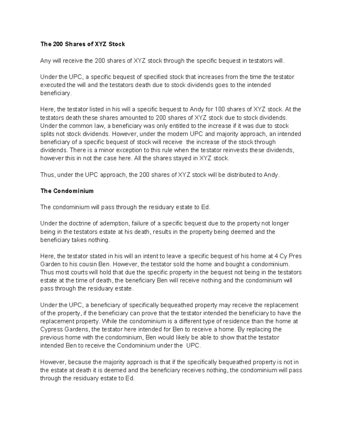 Wills Essay 5 UBE Bar Exam Practice for bar - The 200 Shares of XYZ ...