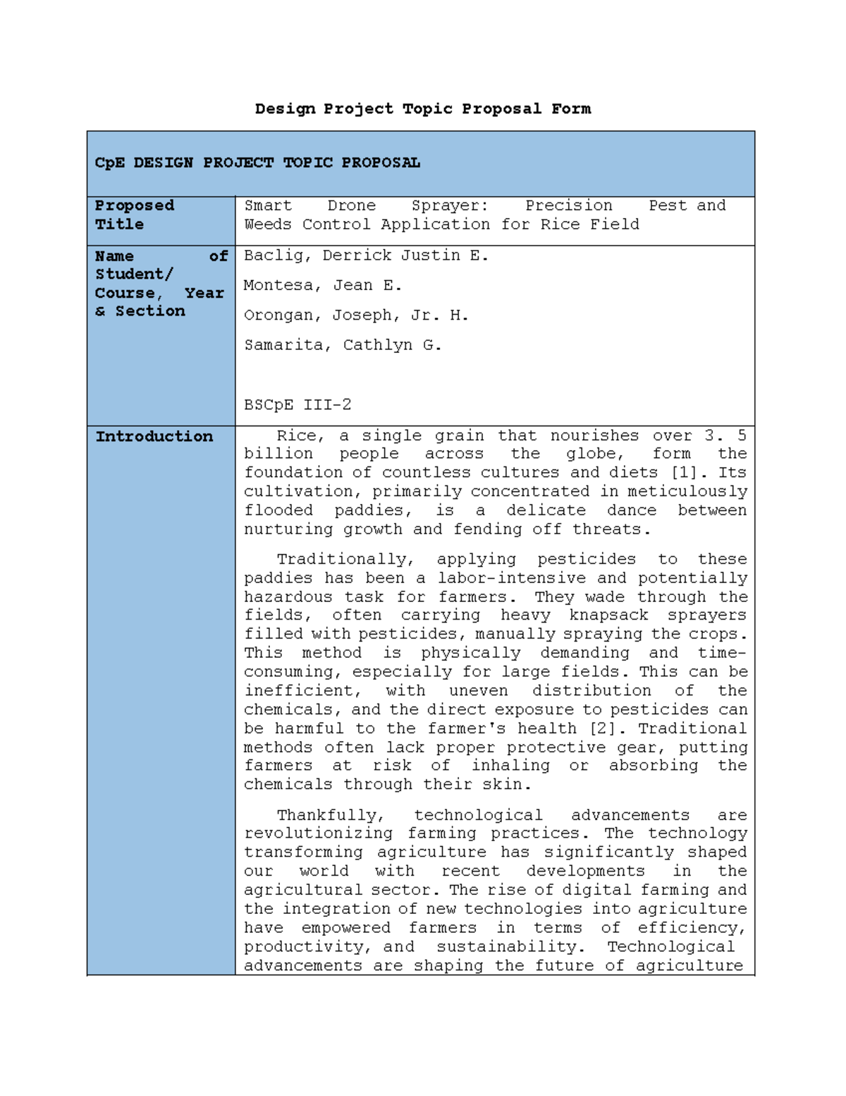 Smart Drone Sprayer final - Design Project Topic Proposal Form CpE ...