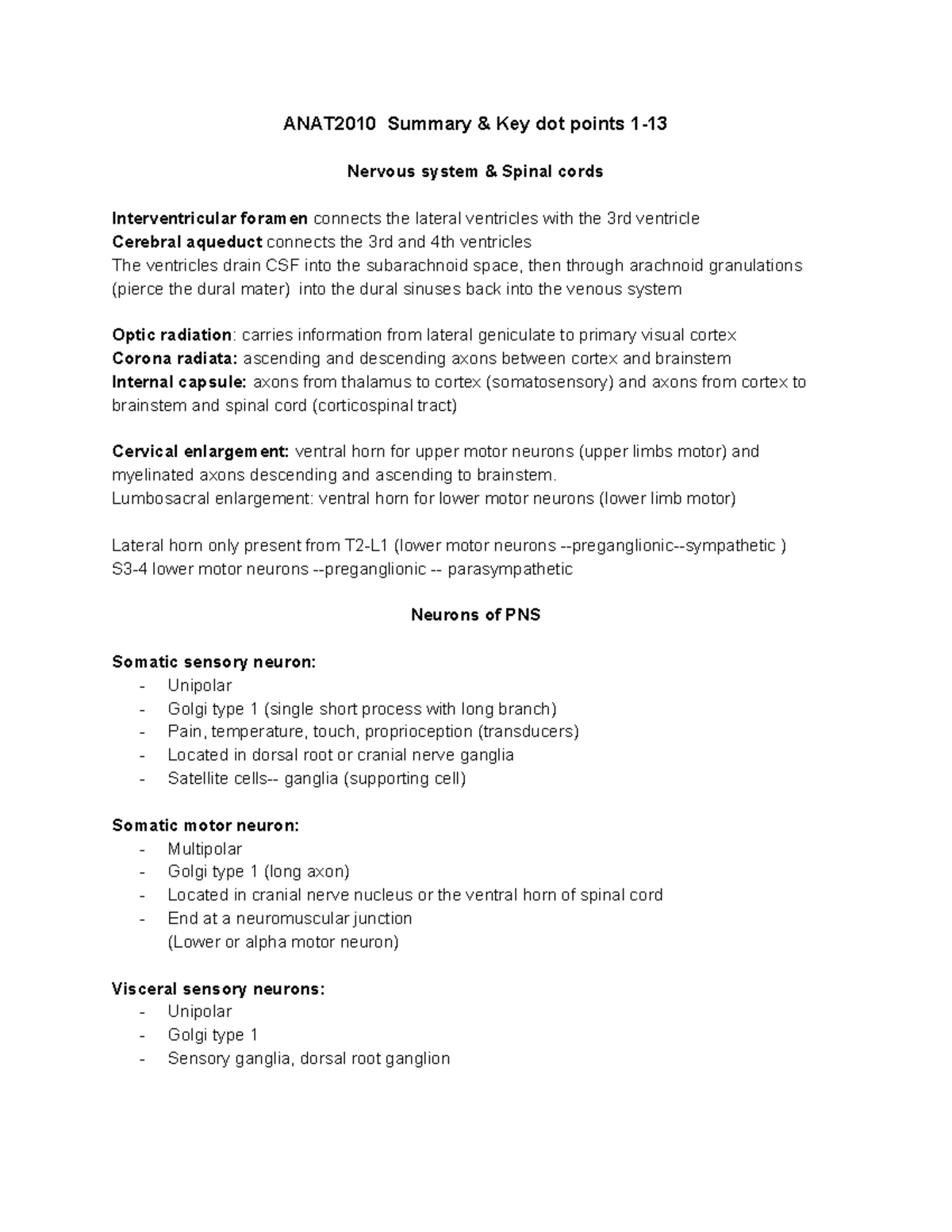 ANAT2010 Lecture Summaries & Key dot points 1-13 - ANAT2010 Summary ...