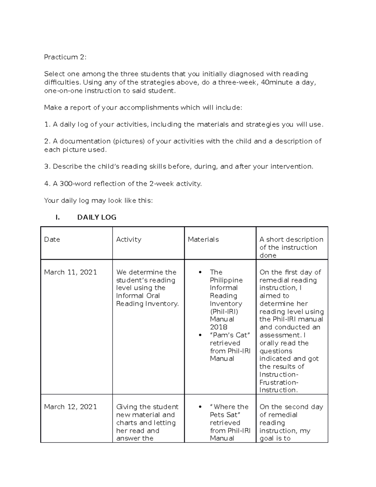 Description AND Daily LOG OF Three WEEK Remedial Instruction ...
