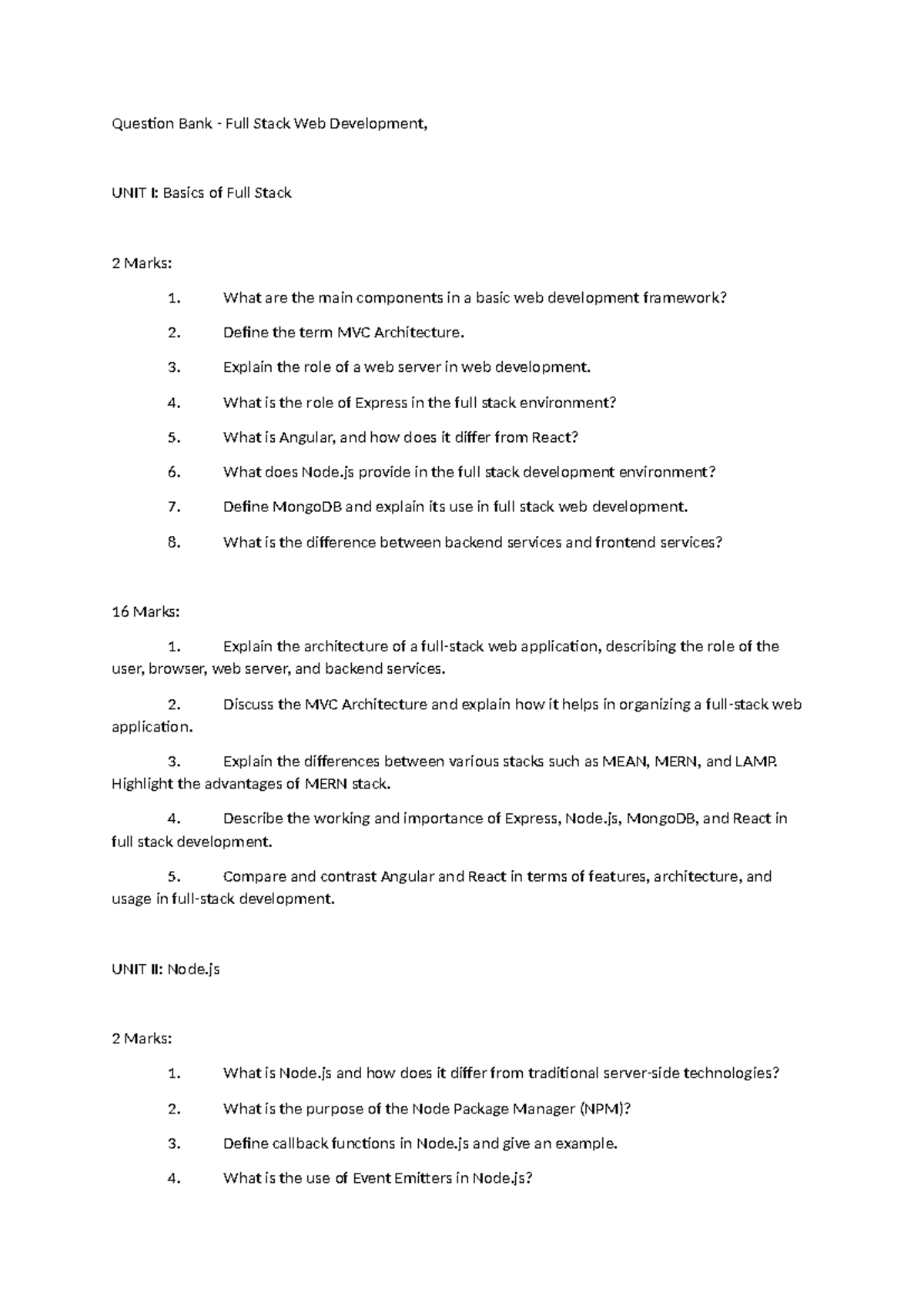 FSWD Question Bank - Question Bank - Full Stack Web Development, UNIT I: Basics of Full Stack 2 ...