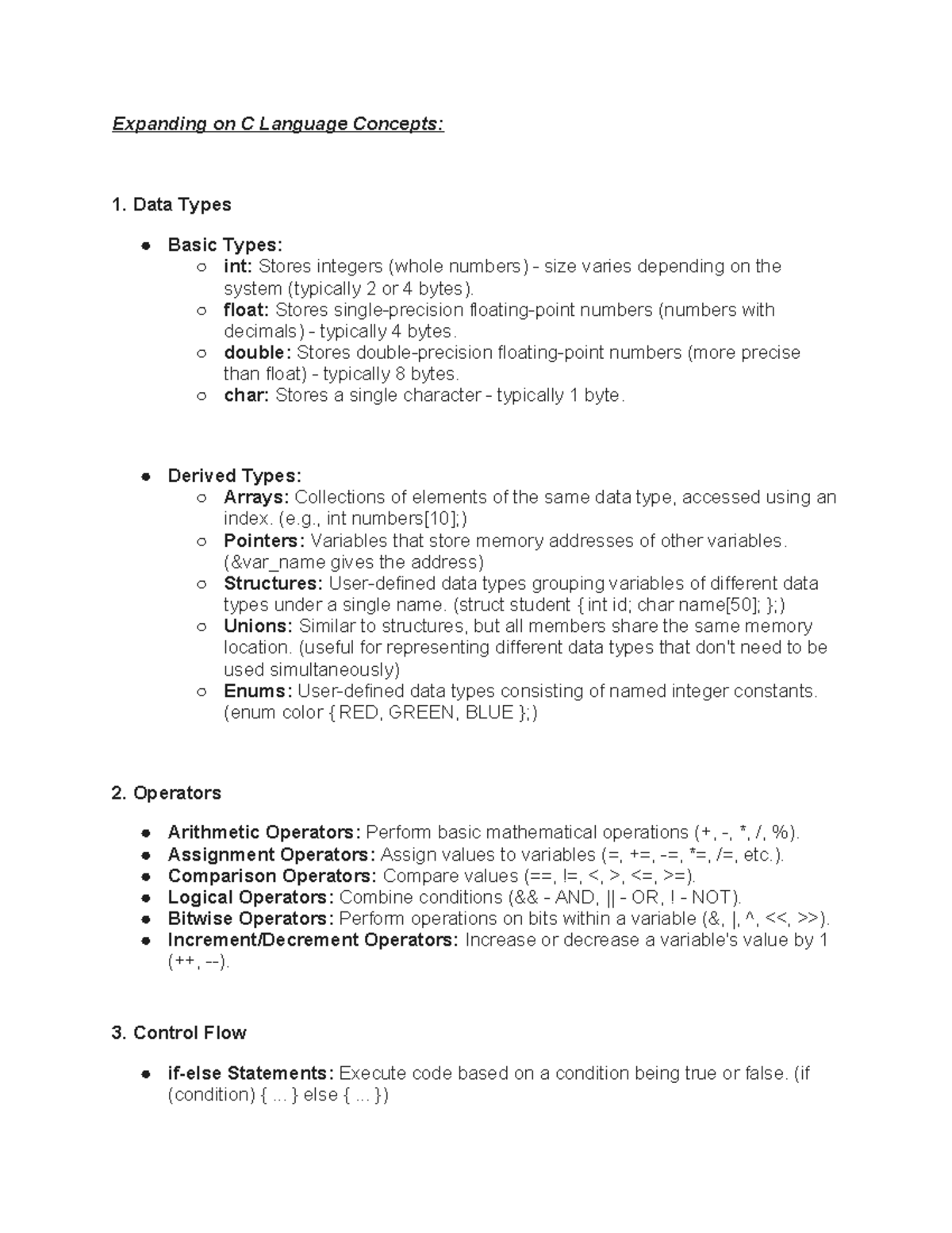 Expanding on C Language Concepts - float: Stores single-precision floating-point numbers ...