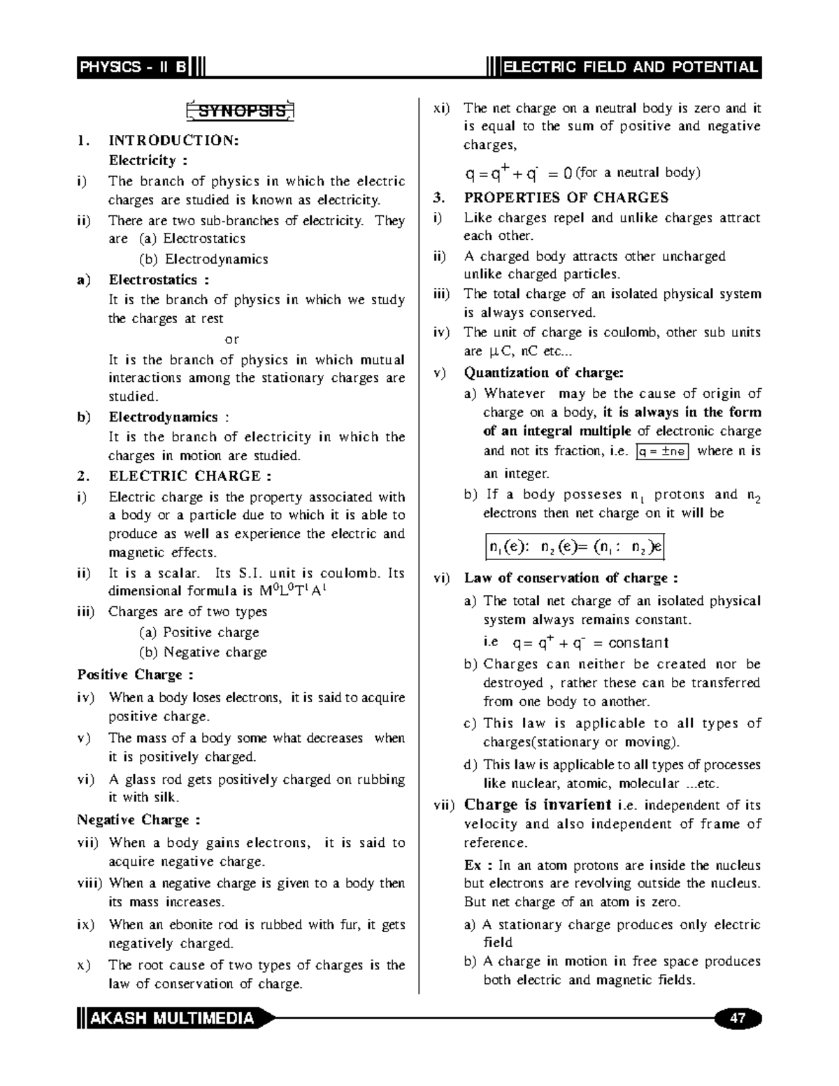 Electrostatics 2 - PDF - PHYSICS - II B ELECTRIC FIELD AND POTENTIAL xi) The net charge on a ...