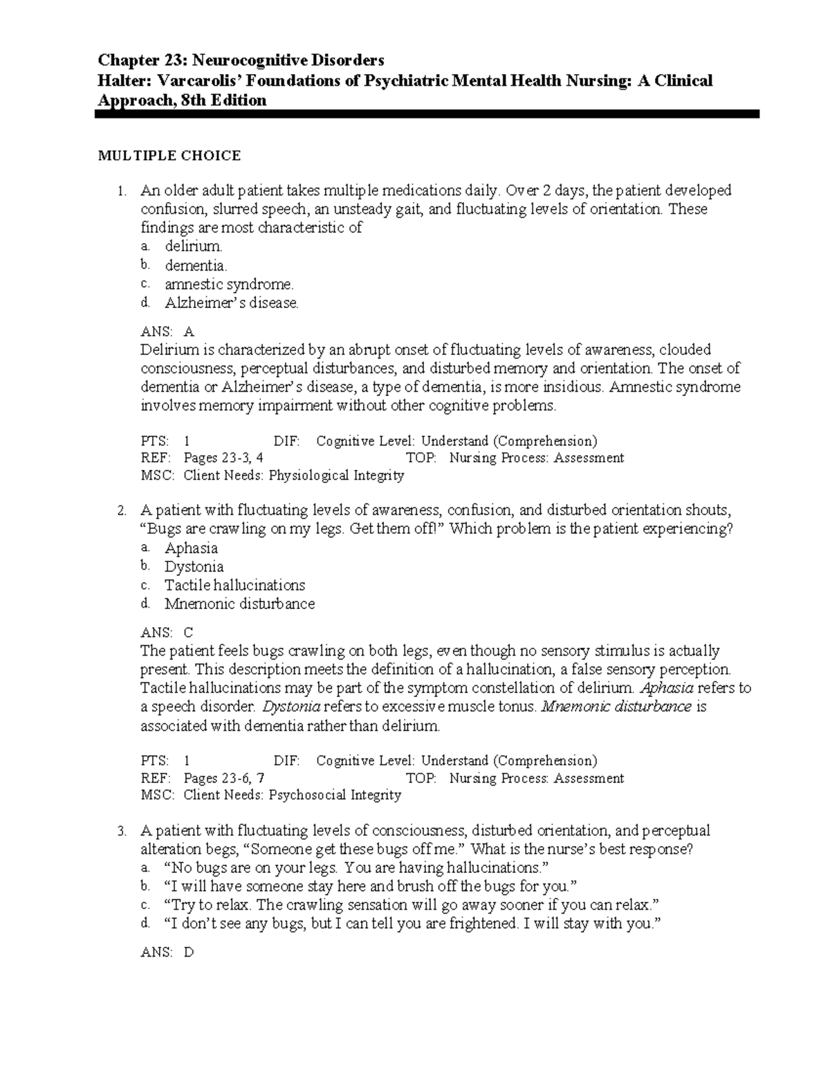 C23 Psych Practice Questions - Chapter 23: Neurocognitive Disorders ...