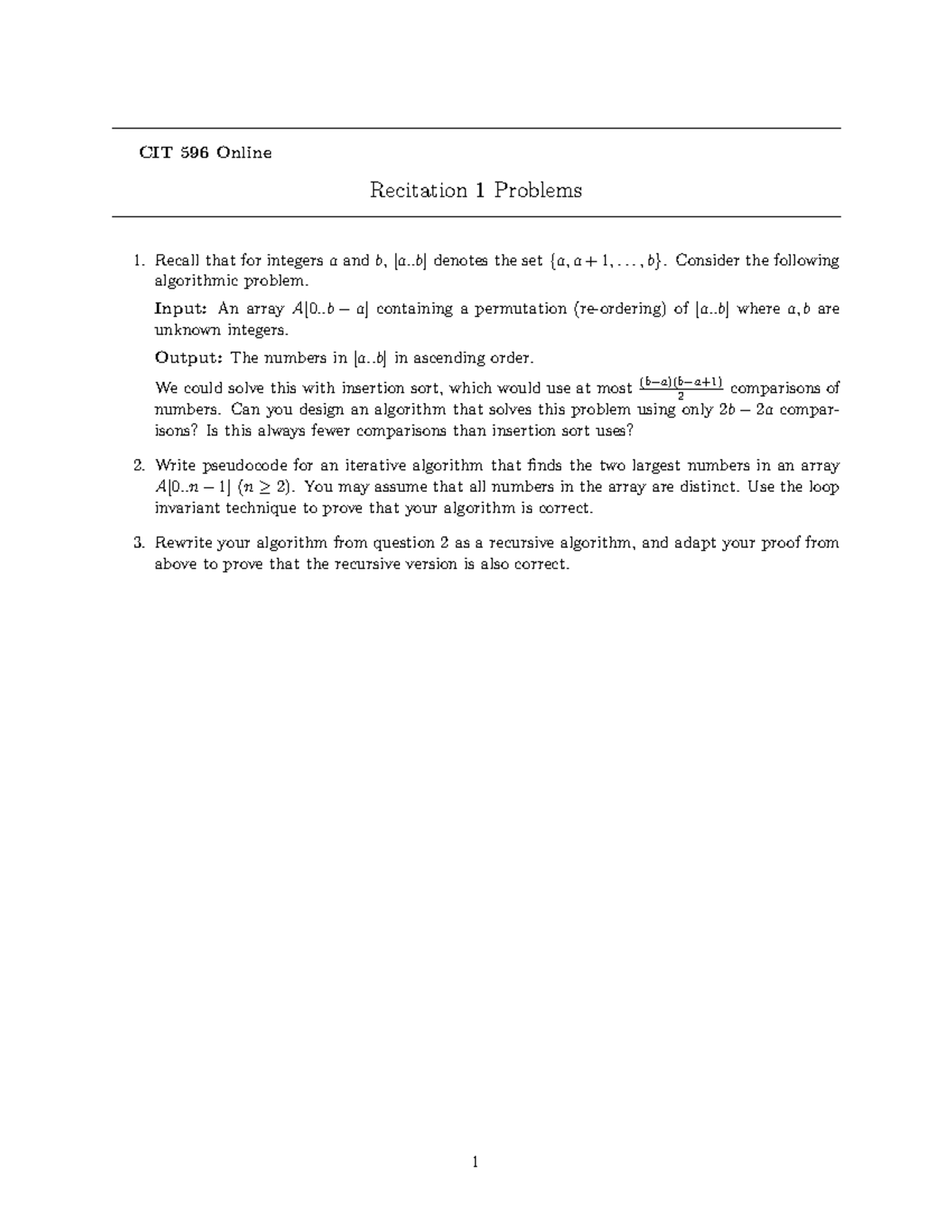 Recitation Practice #1 - CIT 596 Online Recitation 1 Problems Recall that for integers a and b ...