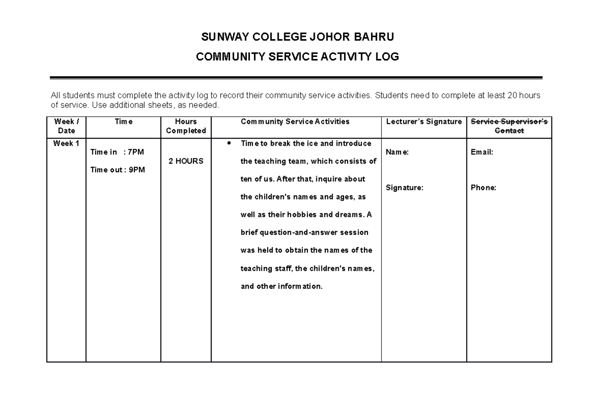Activity Log - SUNWAY COLLEGE JOHOR BAHRU COMMUNITY SERVICE ACTIVITY ...