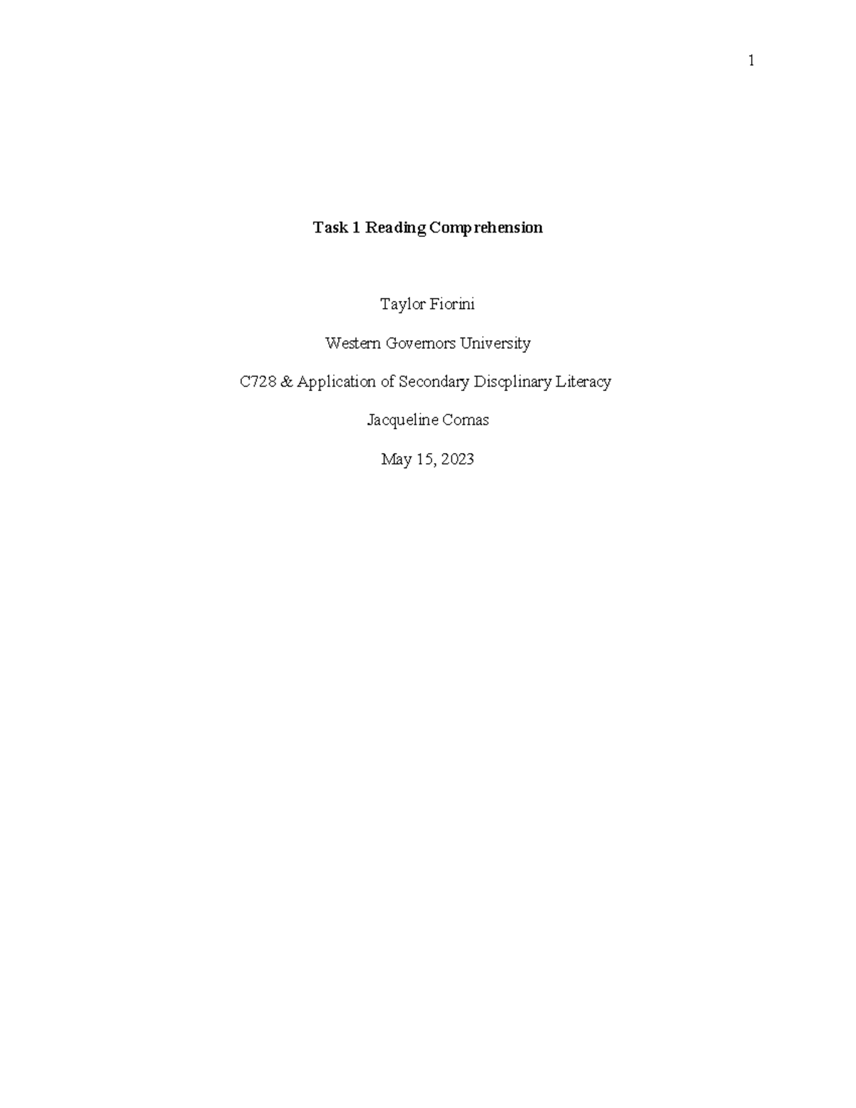 Task 1 Reading Comprehension - Task 1 Reading Comprehension Taylor ...