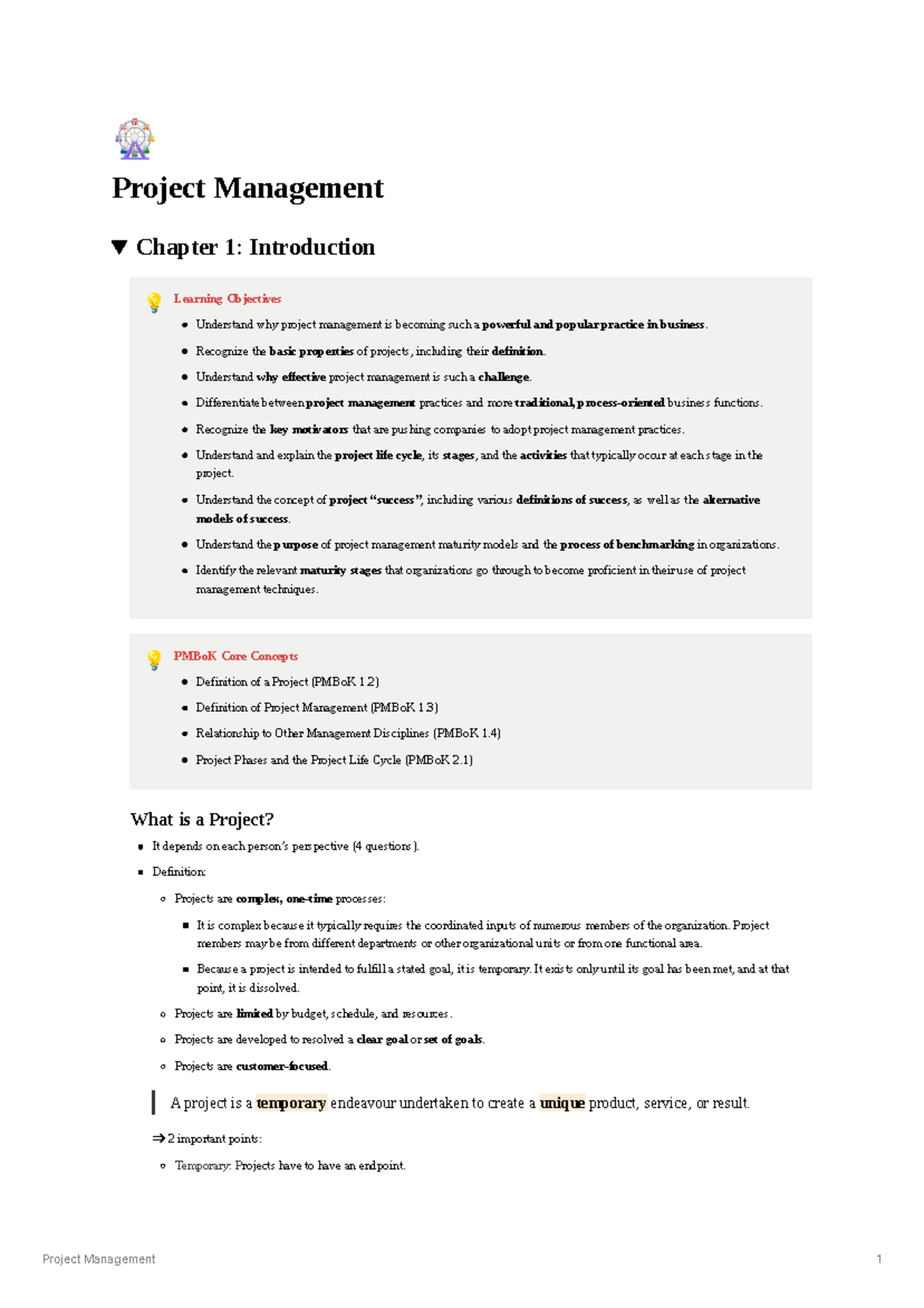 PM Final Revision - kdfkbalsfca - 🎡 Project Management Chapter 1: Introduction 💡 Learning ...