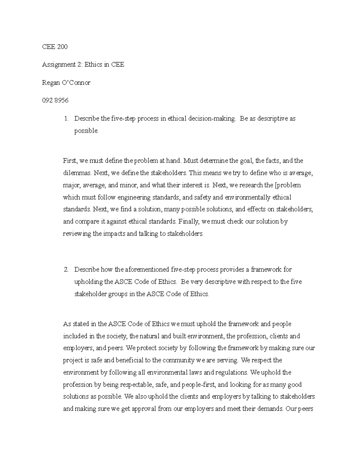 Assignment 2 cee 200 - CEE 200 Assignment 2: Ethics in CEE Regan O ...