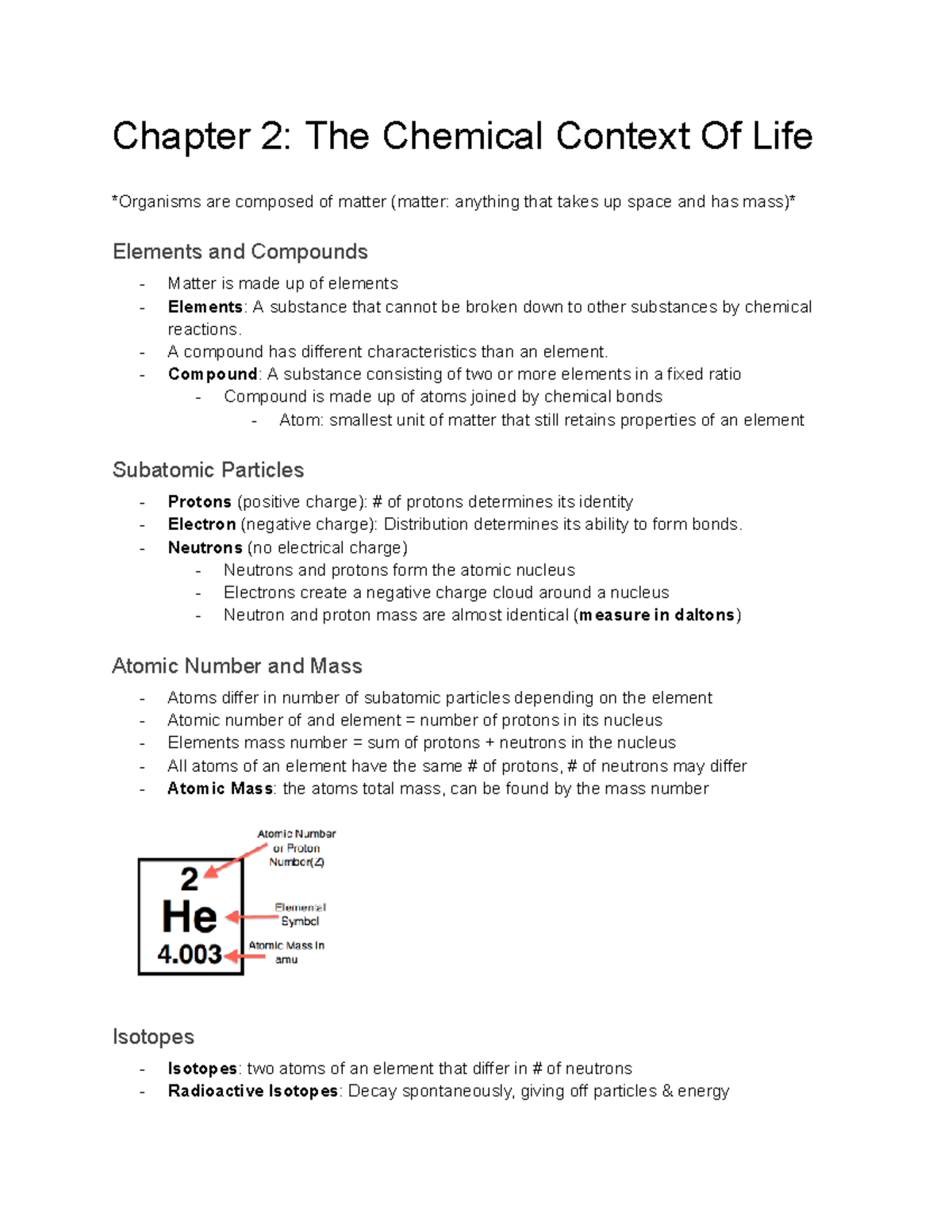 Biol Notes - Chapter 2-16 - Chapter 2: The Chemical Context Of Life ...