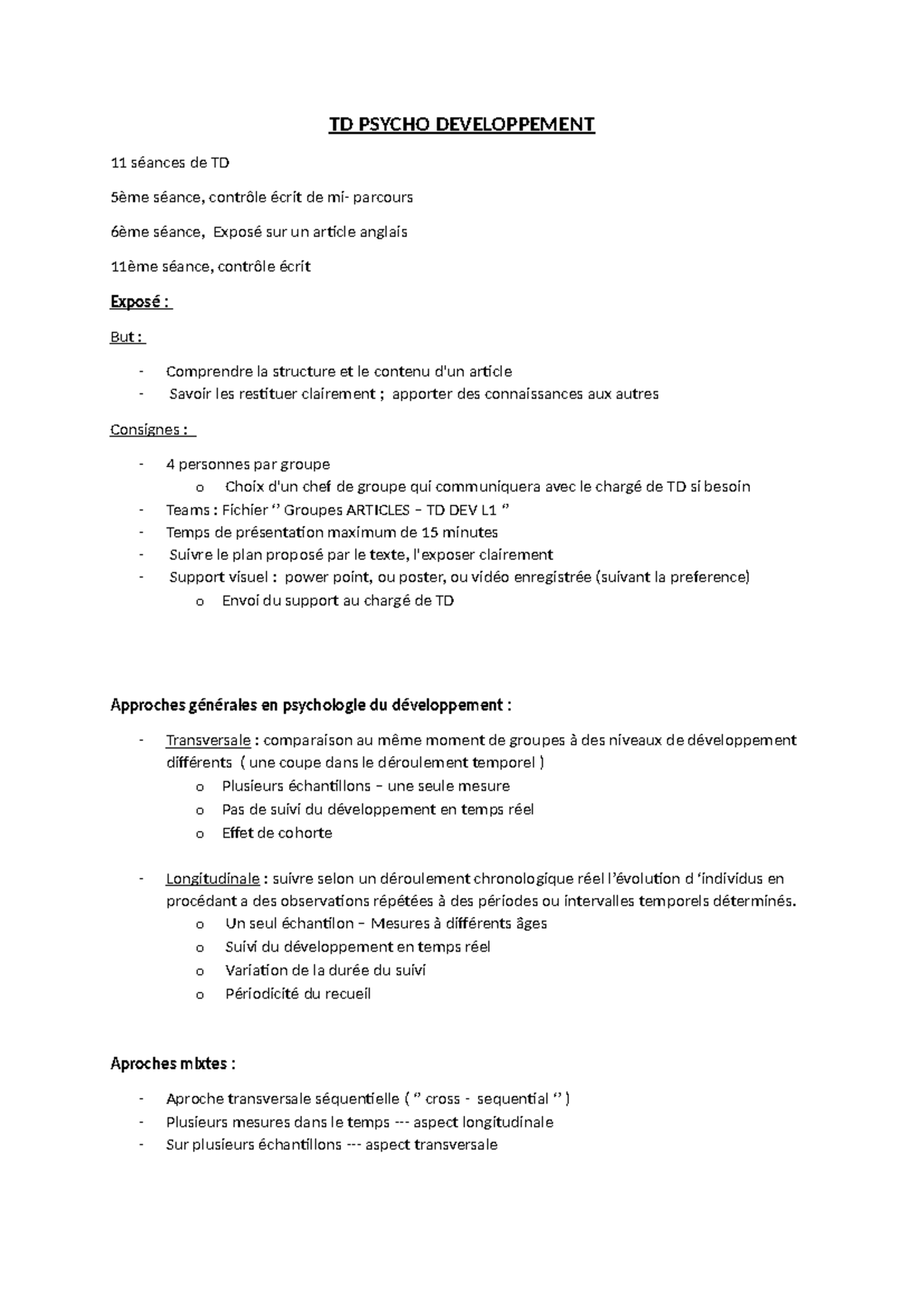 TD Psychologie Developpement - TD PSYCHO DEVELOPPEMENT 11 séances de TD ...