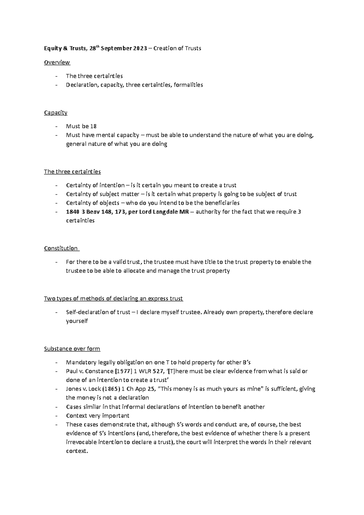 [E&T] Lecture 3, Creation of Trusts - Equity & Trusts, 28 th September 2023 – Creation of Trusts ...