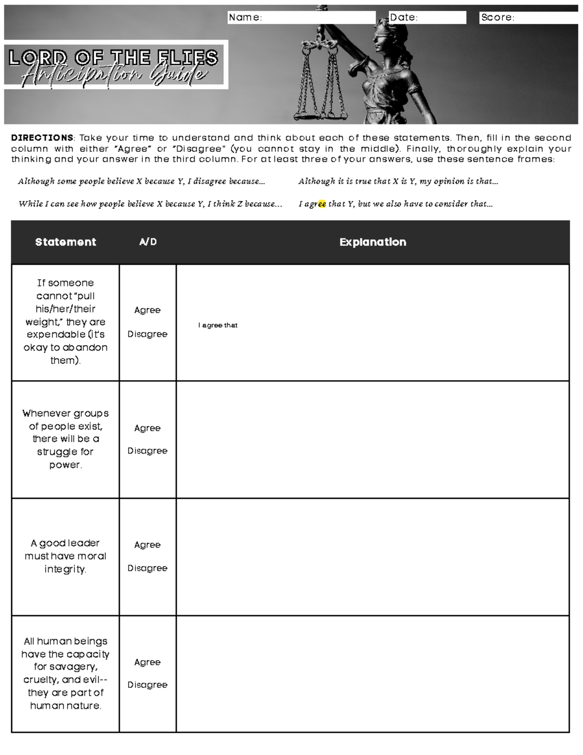LOTF+Anticipation+Guide - Statement A/D Explanation If someone cannot ...