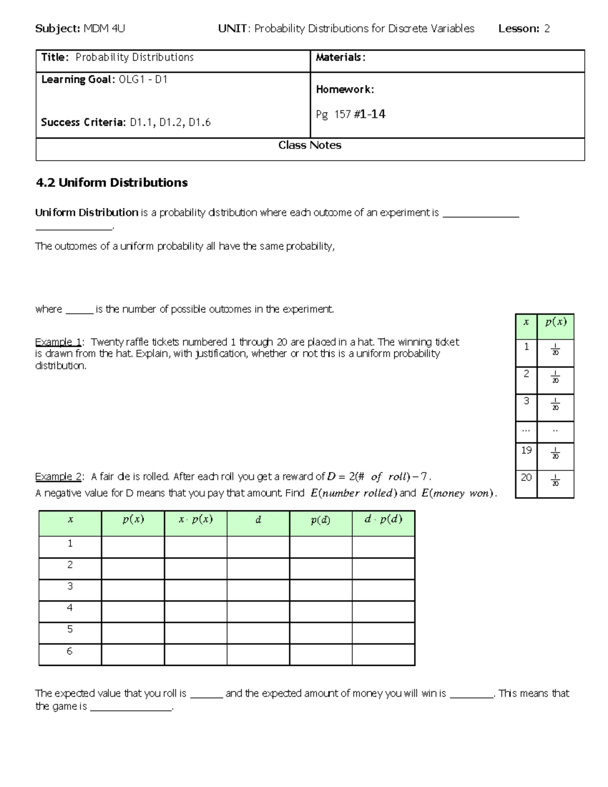 4.2 Uniform Distributions Lesson - Subject: MDM 4U UNIT: Probability ...