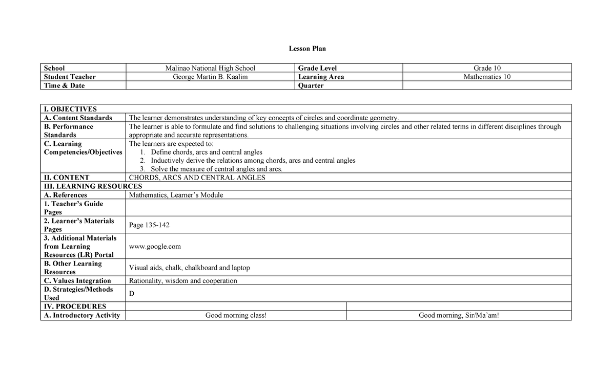 LP Grade 10 - Chords, Arcs and Central Angles - Lesson Plan School ...