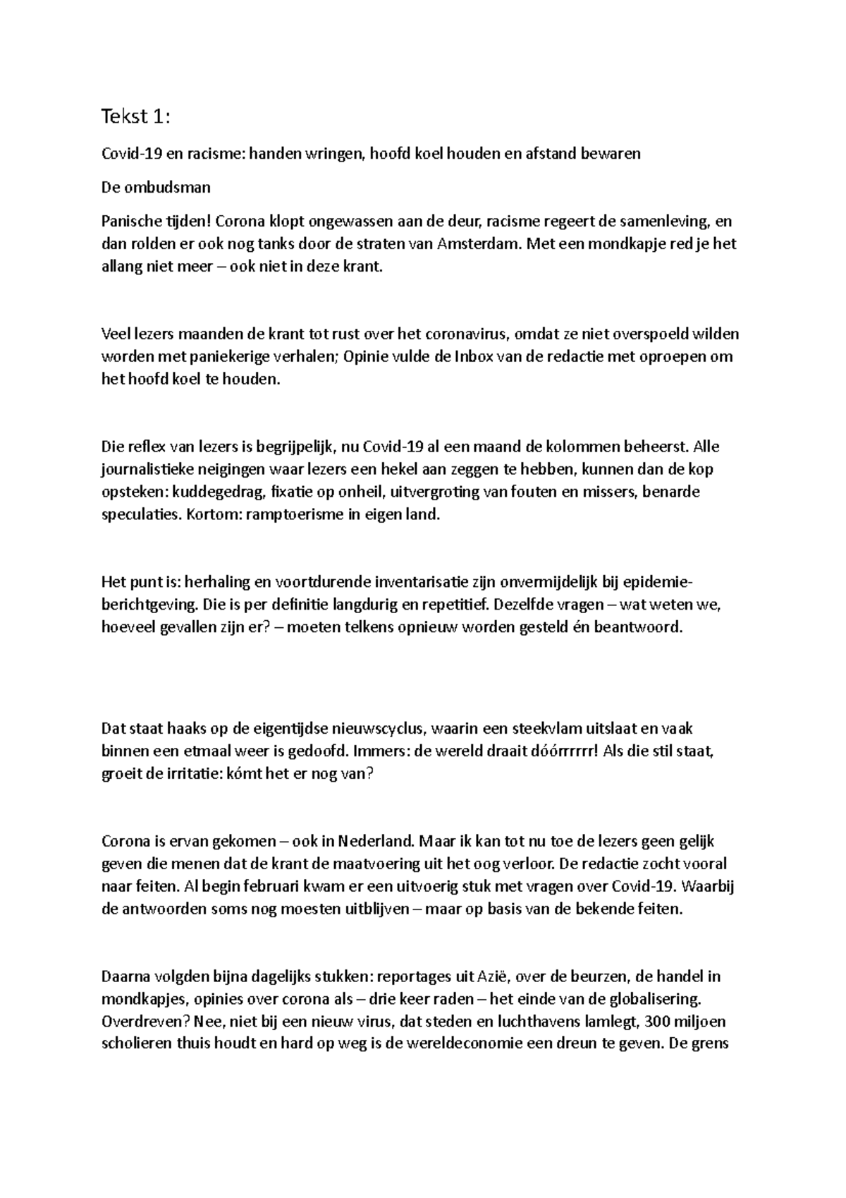 Artikelen NL voor duitsen lessen oke - Tekst 1: Covid-19 en racisme ...