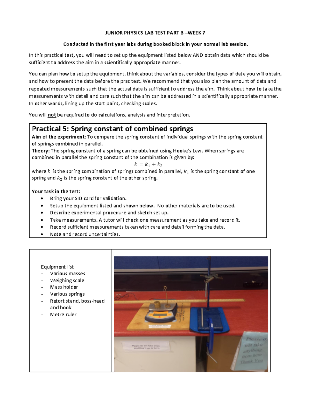 Lab test - JUNIOR PHYSICS LAB TEST PART B –WEEK 7 Conducted in the ...