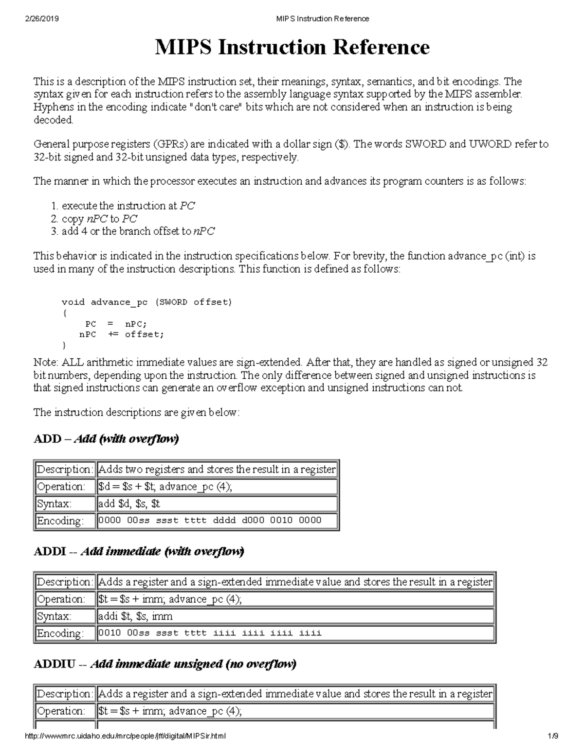 MIPS Instruction Reference - The syntax given for each instruction ...