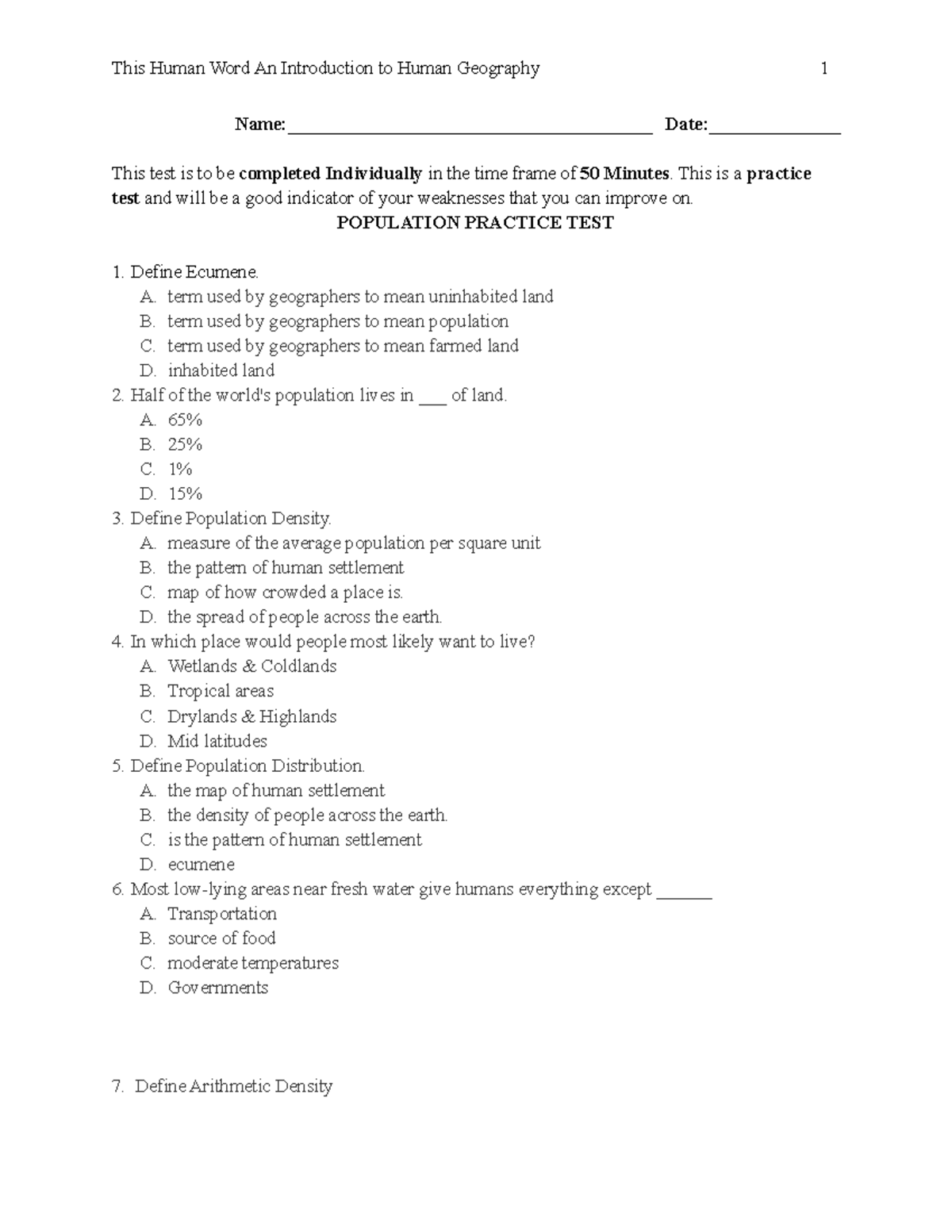 Population (Chapter 2A) Practice Test with Answer Key - Name