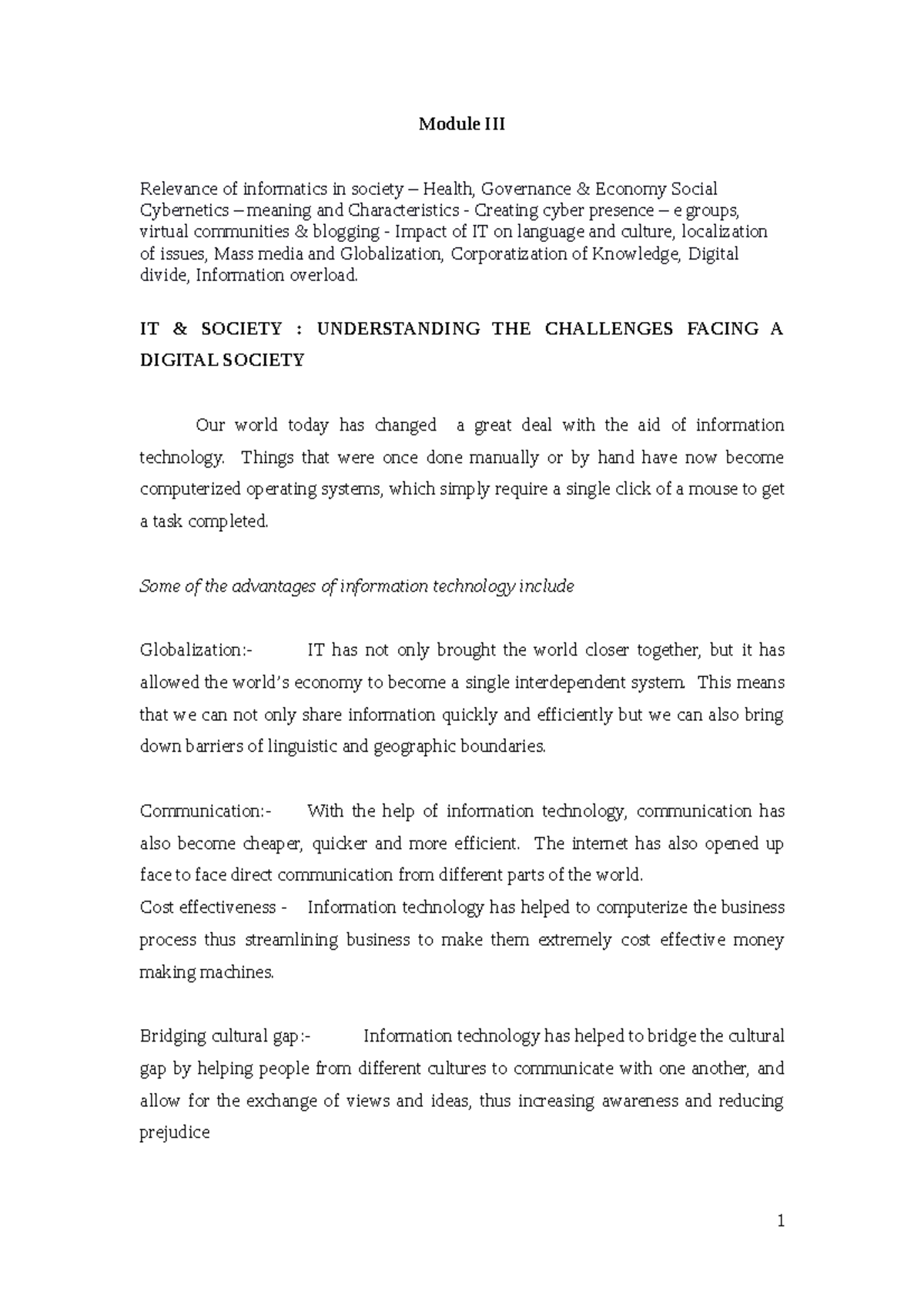 IT and Society - its useful brief notes for exams. - Module III ...